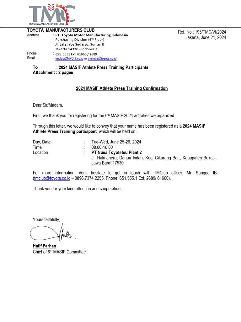 2024 MASIF Athlete Training Confirmation Letter - Press | PDF | Toyota