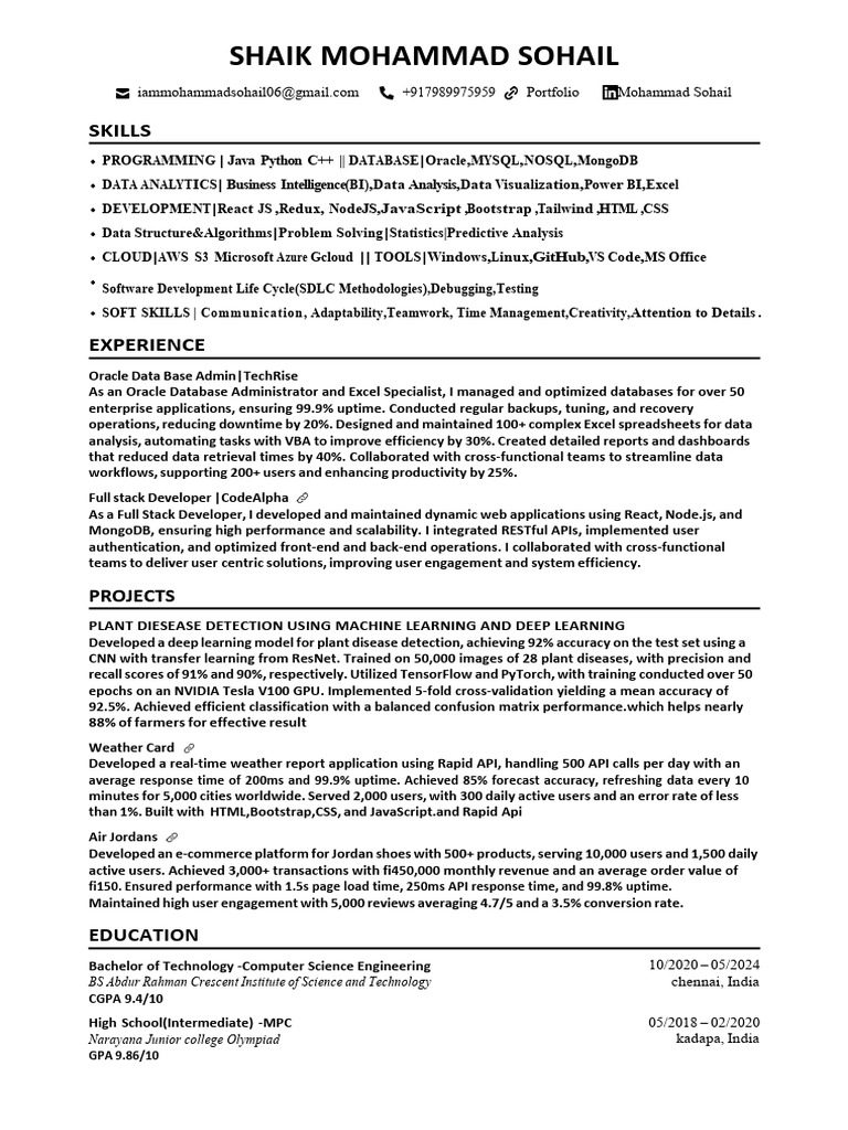SHAIK MOHAMMAD SOHAIL - Resume | PDF | Microsoft Excel | Software Development