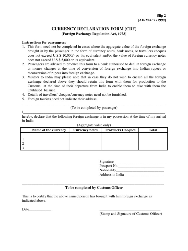 Currency Declaration Form (CDF) : Slip 2 (AD/MA/ 7 /1999) | PDF ...