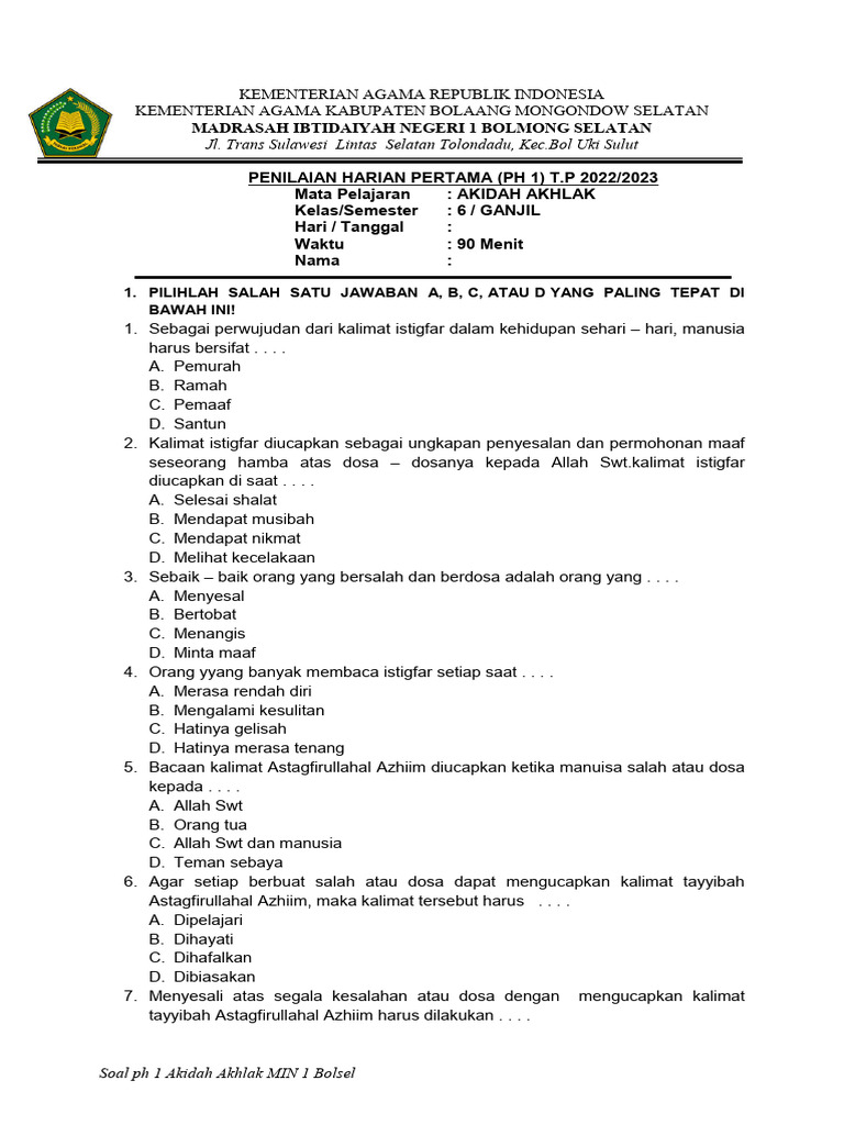 Soal PH 1 Kelas 6 2022 | PDF | Pengembangan Diri