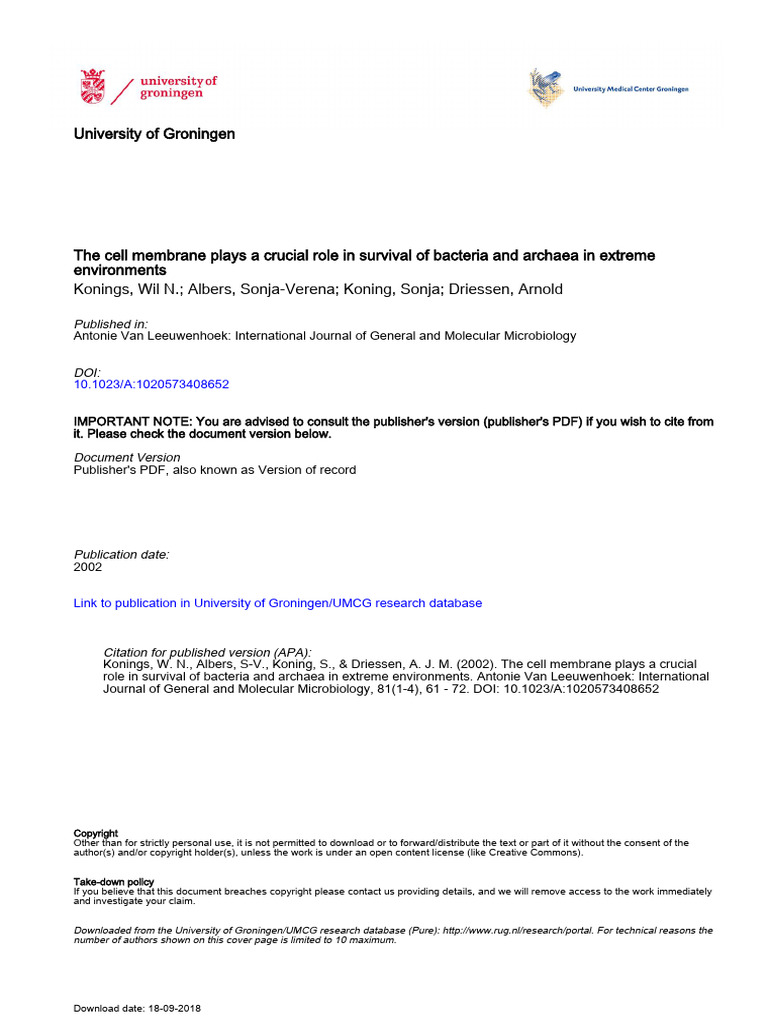Survival Strategies and Membrane Properties of Extremophiles | PDF ...