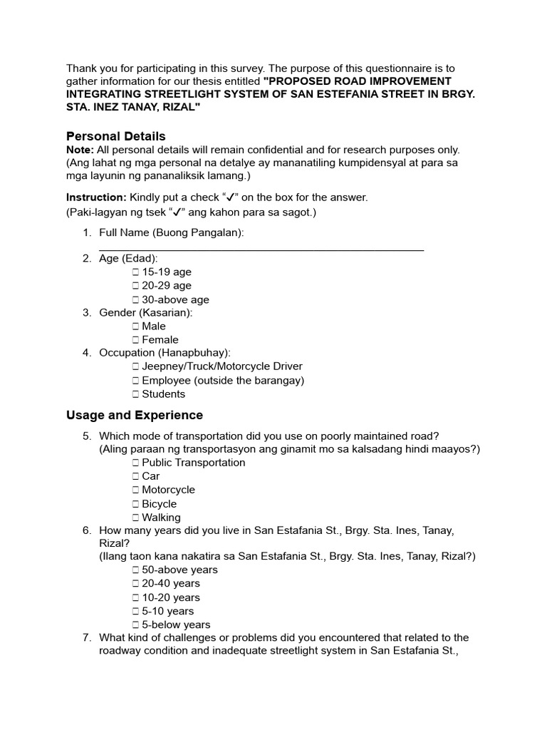 Survey Form Questionnaire Update 3 | PDF | Vehicles | Road Transport
