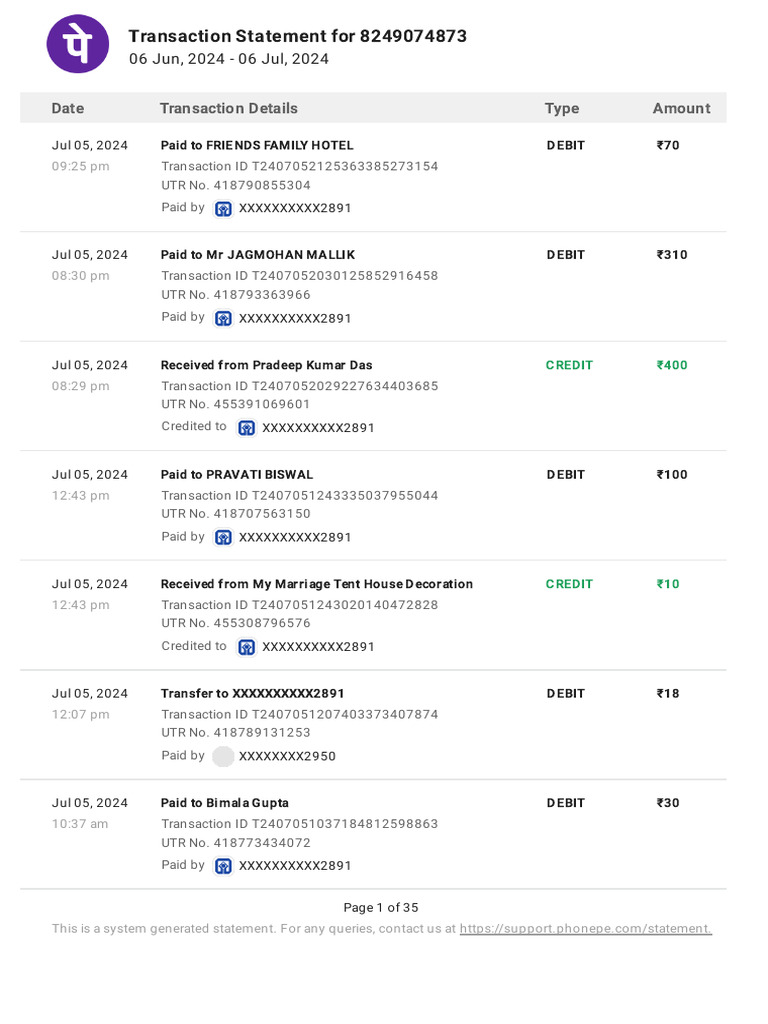 PhonePe Statement Jun2024 Jul2024 | PDF | Debits And Credits | Debit Card