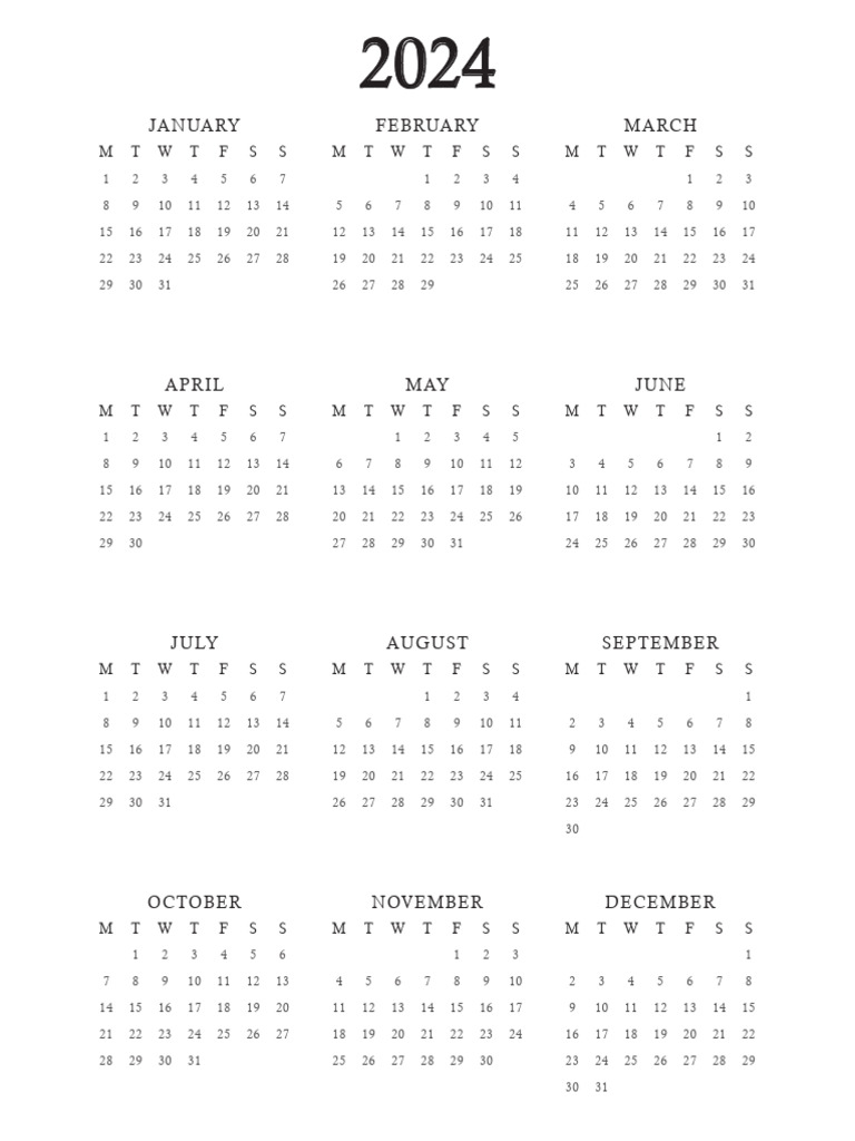 Simple Monday Start 2024 Calendar at A Glance | PDF