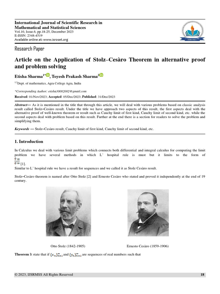 Applications of Stolz–Cesàro Theorem | PDF | Mathematical Proof | Limit ...