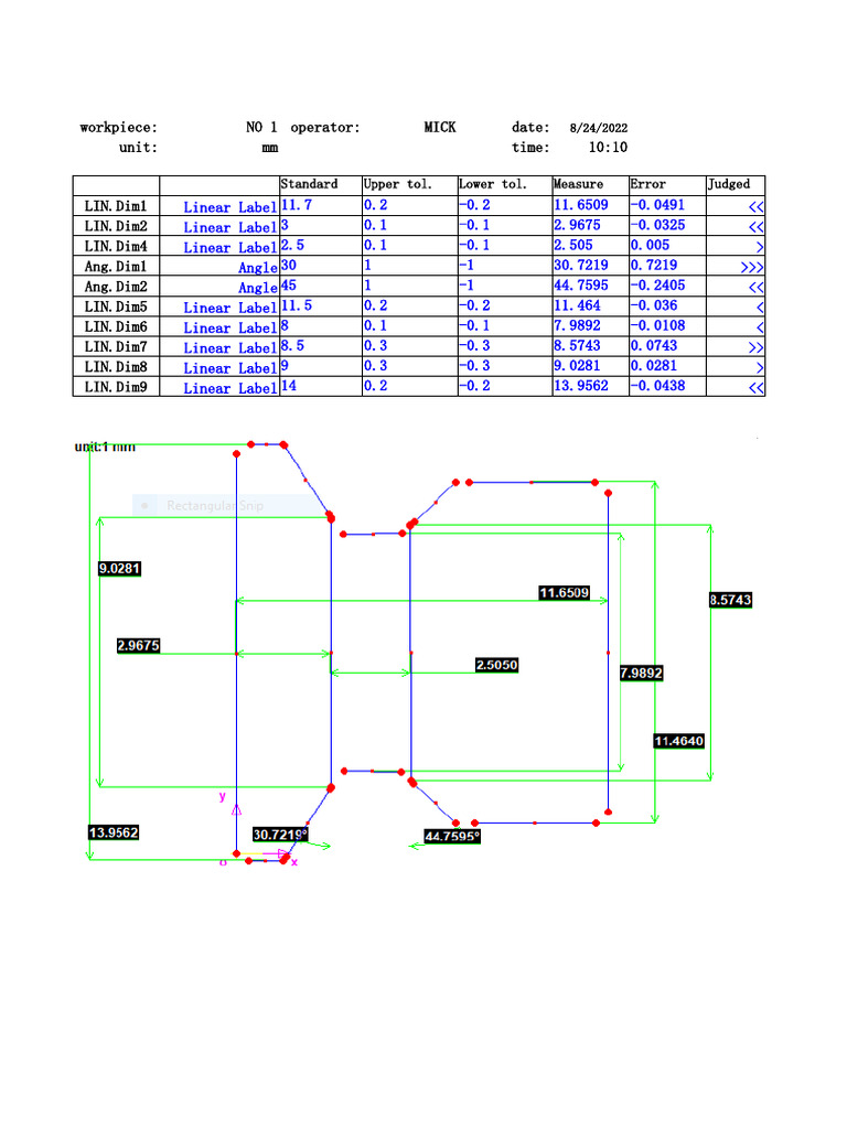 Workpiece: NO 1 Operator: Mick Date: Unit: MM Time: 10:10: Standard ...