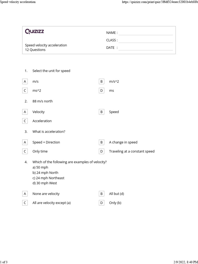 Speed Velocity Acceleration Pdf Speed Velocity