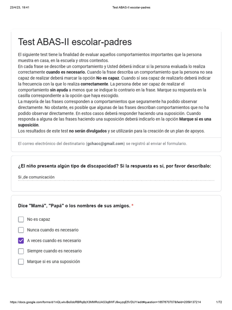 Test ABAS II Escolar Padres | PDF