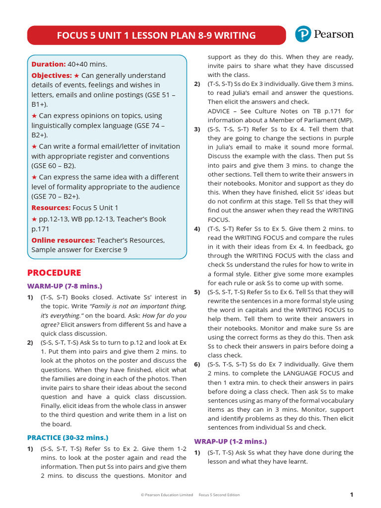 Focus5_2E_LessonPlans_U01_Lesson8_9_writing | PDF | Cognitive Science | Human Communication