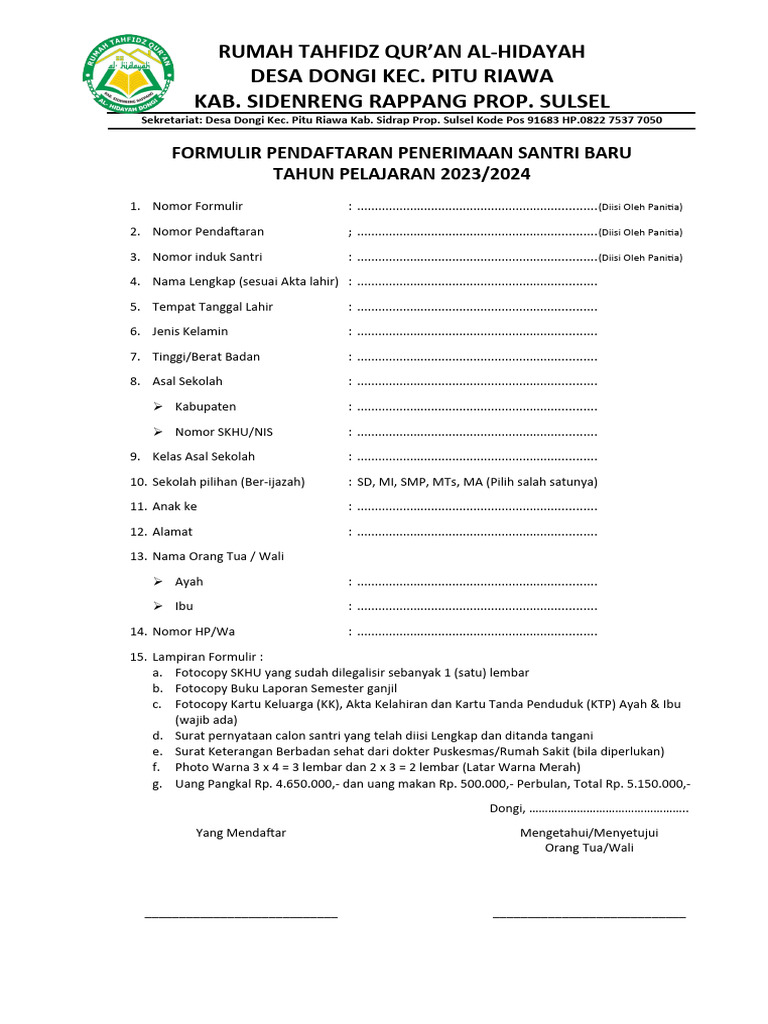 Formulir Pendaftaran Rumah Tahfidz | PDF