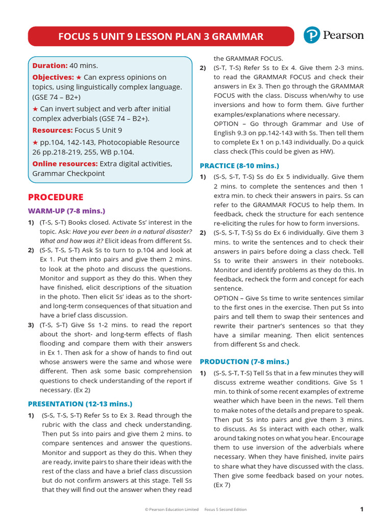 Focus5 2E LessonPlans U09 Lesson3 Grammar | PDF | Learning | Linguistics