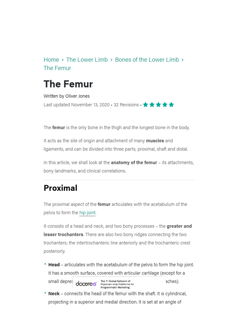 The Femur - Proximal - Distal - Shaft - TeachMeAnatomy | PDF | Knee | Hip
