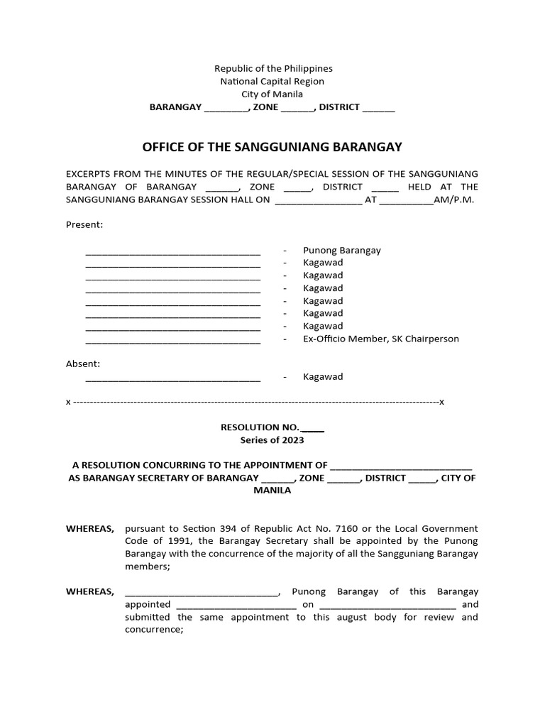Sample Resolution Concurring Appointment of Barangay Secretary | PDF ...