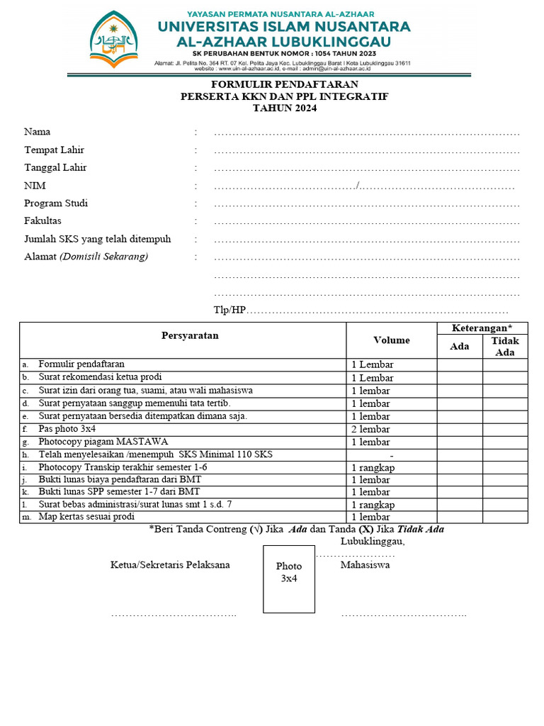 Formulir Pendaftaran Dan Surat KKN PPL | PDF