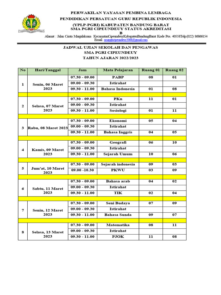 Jdwal Pengawas Us 2023-1 | PDF