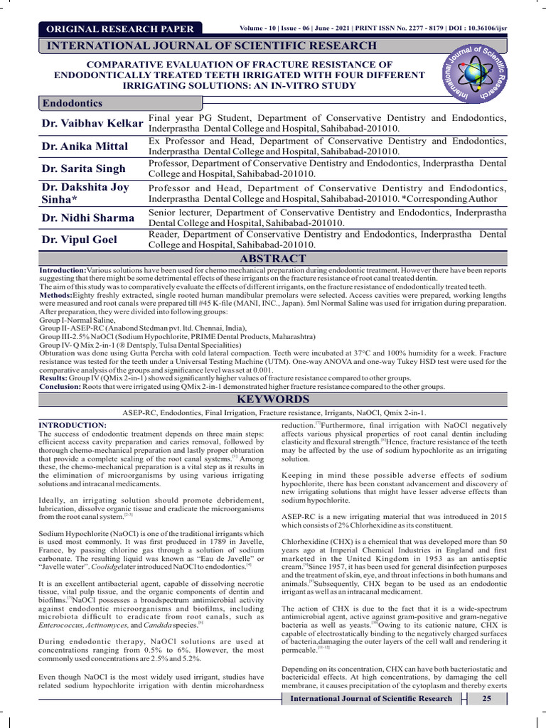 COMPARATIVE EVALUATION of FRACTURE RESISTANCE of Edno Treated Teeth Irrigated With 4 Different ...