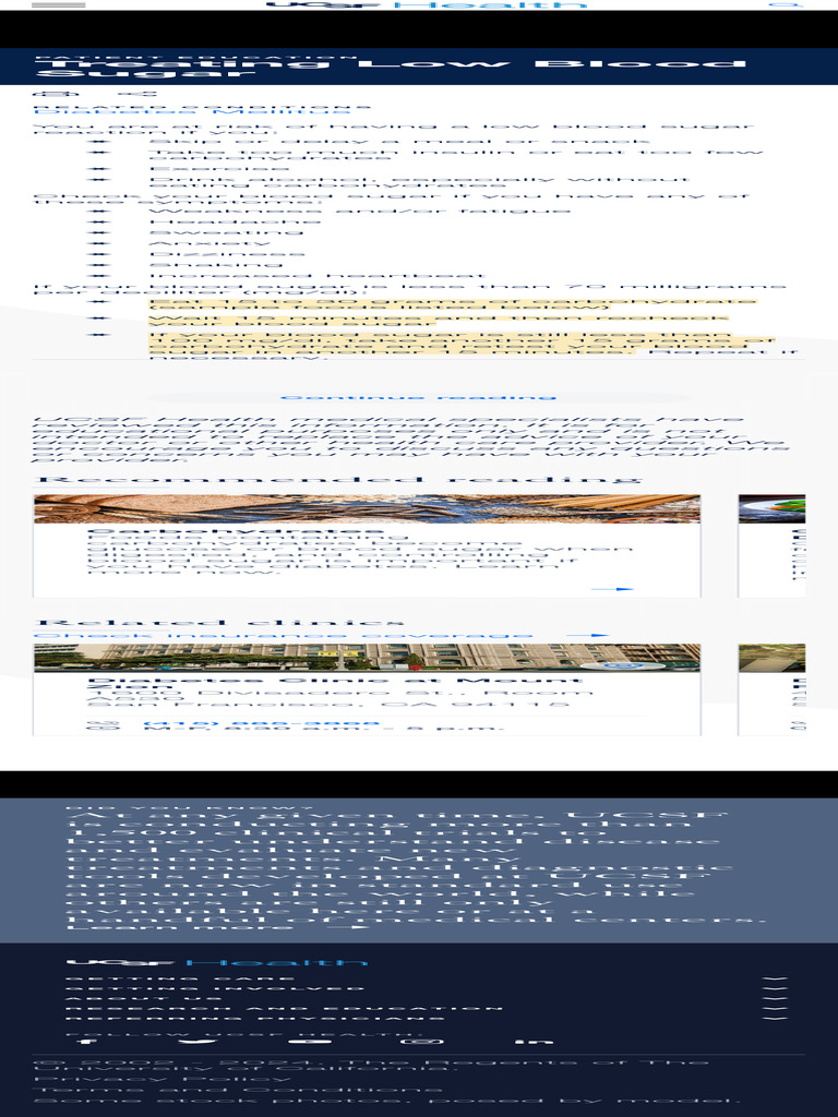 Treating Low Blood Sugar Patient Education UCSF Health | PDF ...