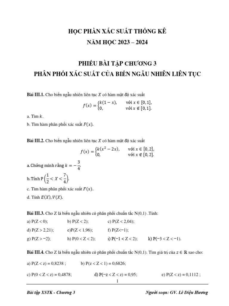 XSTK Phieu Bai Tap Chuong 3 2023 | PDF