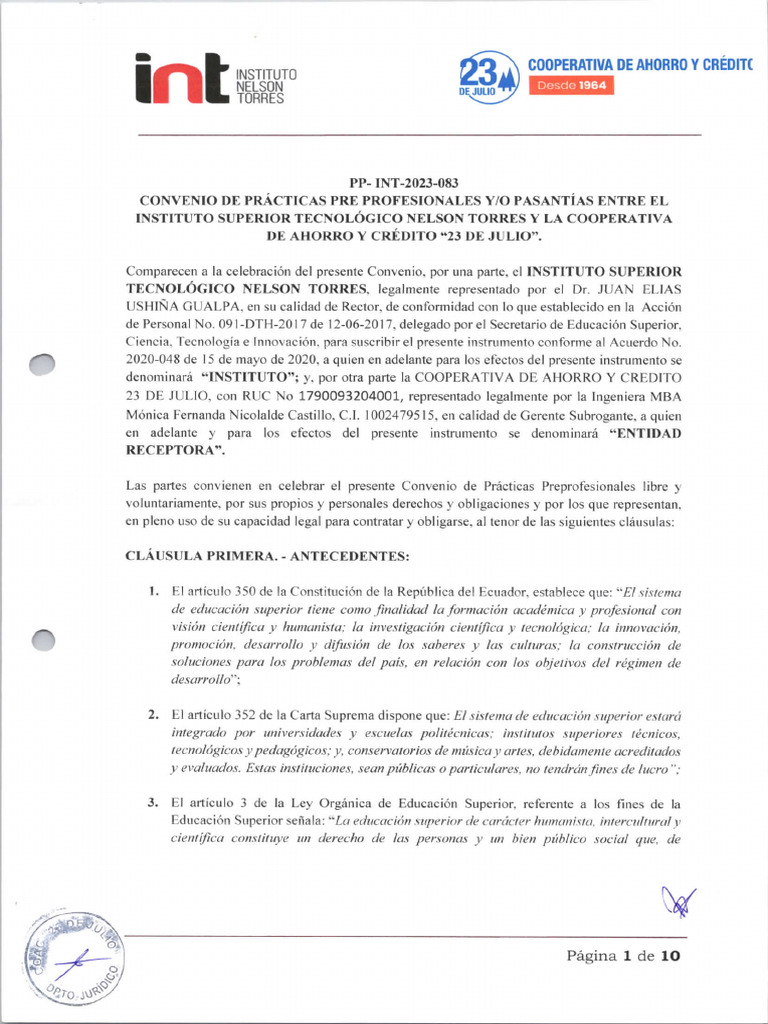 Convenio Cooperativa de Ahorro y Crédito 23 de Julio Uprap-Int-2023 | PDF
