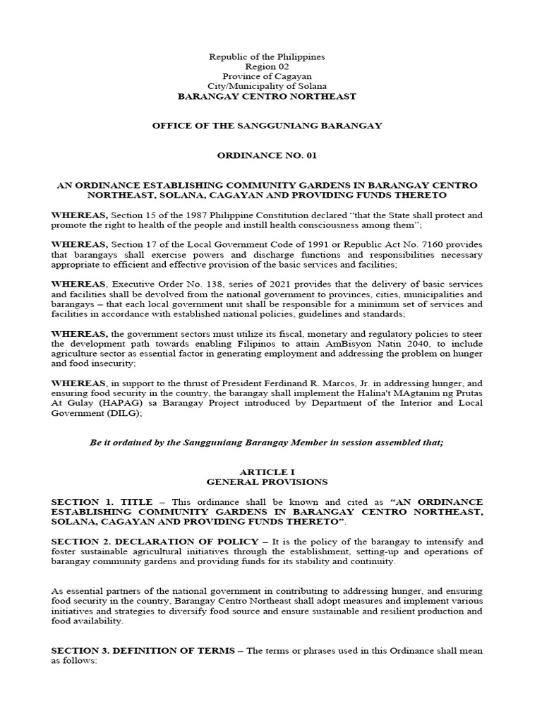 Draft-Barangay-Ordinance-HAPAG | Download Free PDF | Vegetables | Urban ...