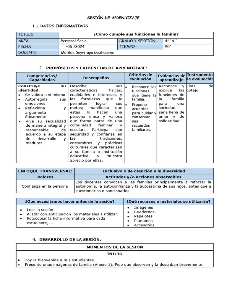 Sesión de Aprendizaje - P.S - Funciones de La Familia - U2 | PDF ...