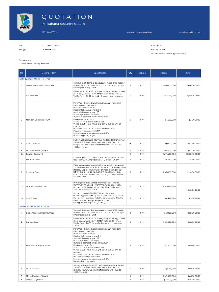QT - 040 - Quotation - Sistem - Gate - Manless - RS - Unair - Surabaya ...