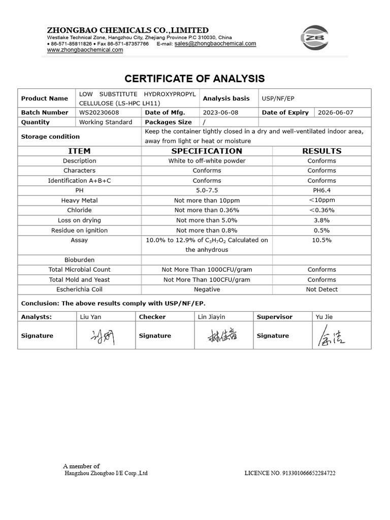 Certificate of Analysis for LS-HPC LH11 | PDF