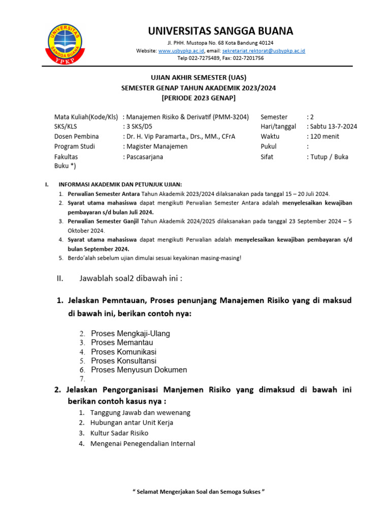 Soal D5 - Uas - Genap - 2324-MK. Man. Risiko - Kelas D5 | PDF