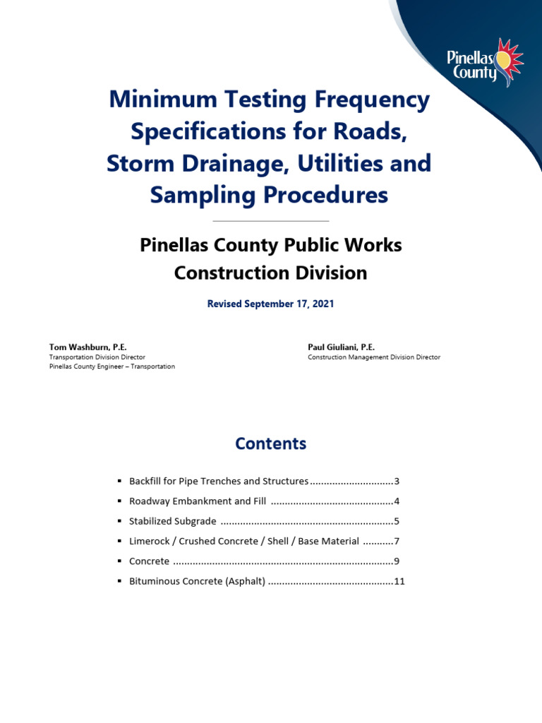 Minimum Testing Frequency Specifications For Roads, Storm Drainage ...