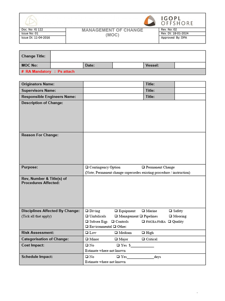 Management of Change (MOC) Document | PDF | Underwater Diving | Safety
