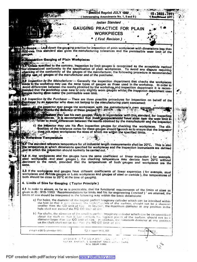 IS-3455-1971 - Gauging Practice For Plain Work Pieces | PDF