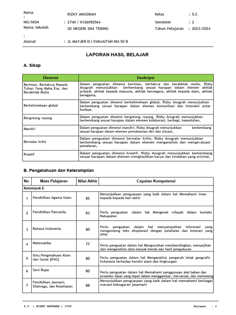 Rapor - K13 - Rizky Anugrah | PDF