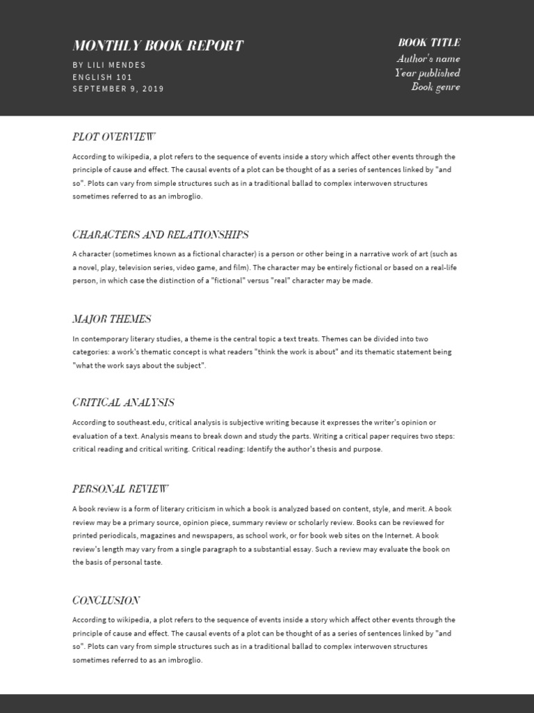 Monthly Book Report | PDF | Plot (Narrative) | Books