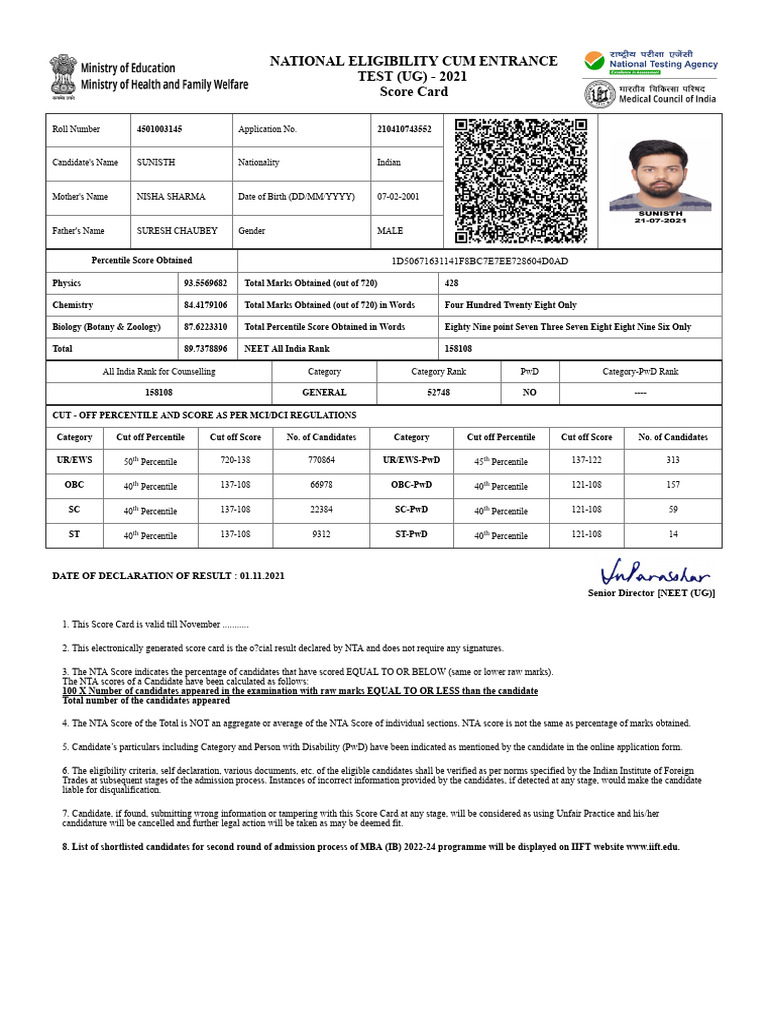 NEET Score Card of Sunisth | PDF