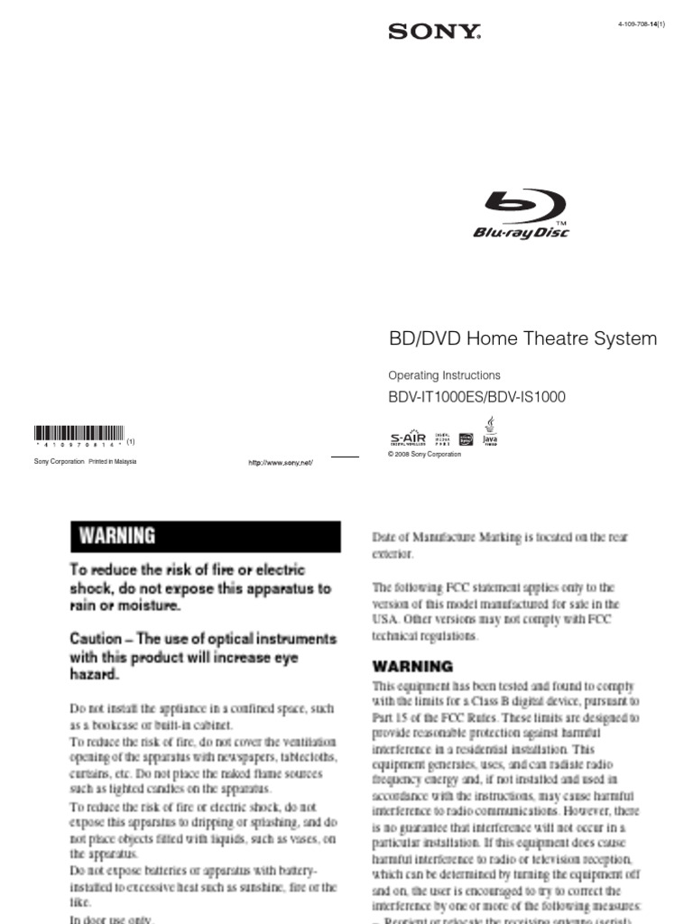 BD/DVD Home Theatre System: BDV-IT1000ES/BDV-IS1000 | PDF | Blu Ray | Hdmi