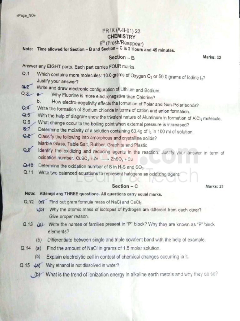 Peshawar Board Class 9 SLO | PDF | Redox | Sodium Chloride