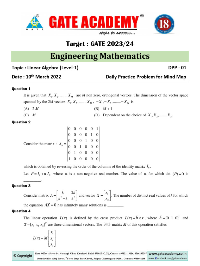 Mathematics DPP-01 10-03-22 Student Sheet | PDF | Vector Space | Linear Map