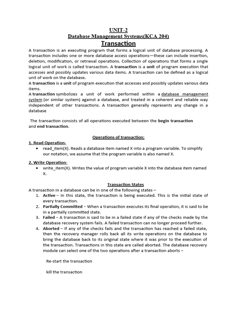 Unit 4 DBMS Transcation | PDF | Databases | Database Transaction