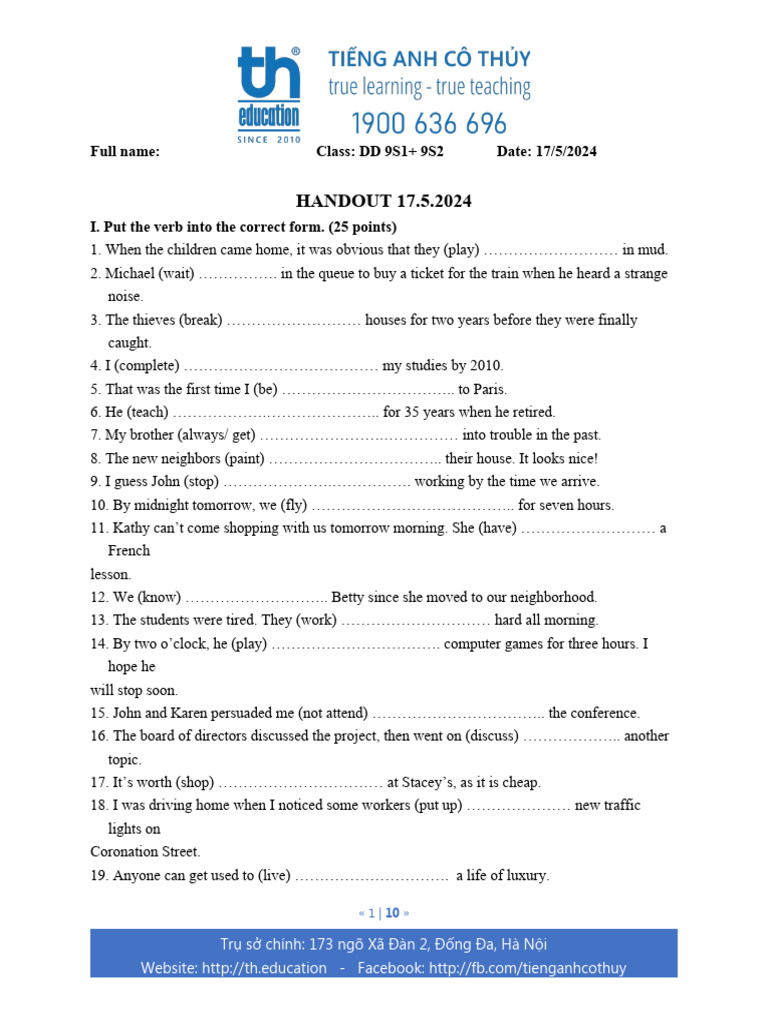 HANDOUT 17.5.2024: Full Name: Class: DD 9S1+ 9S2 Date: 17/5/2024 | PDF ...