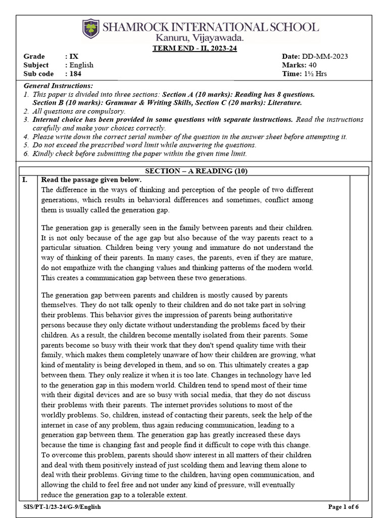 IX Class ANNUAL English Paper | PDF