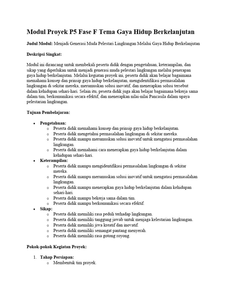 Modul Proyek P5 Fase F Tema Gaya Hidup Berkelanjutan X | PDF