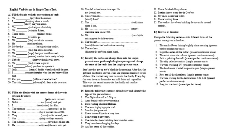 Test Verb Forms + Simple Tense | PDF | Language Mechanics | Grammar