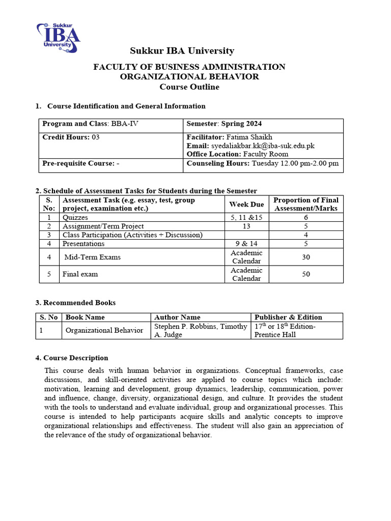 OB Course Outline Spring 2022 | PDF | Emotions | Change Management