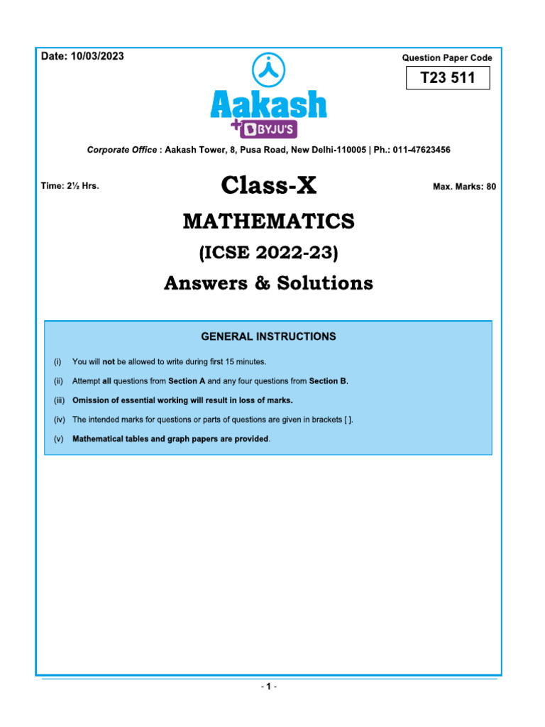 A&Sol - Mathematics (10!03!2023) - ICSE (X) | PDF