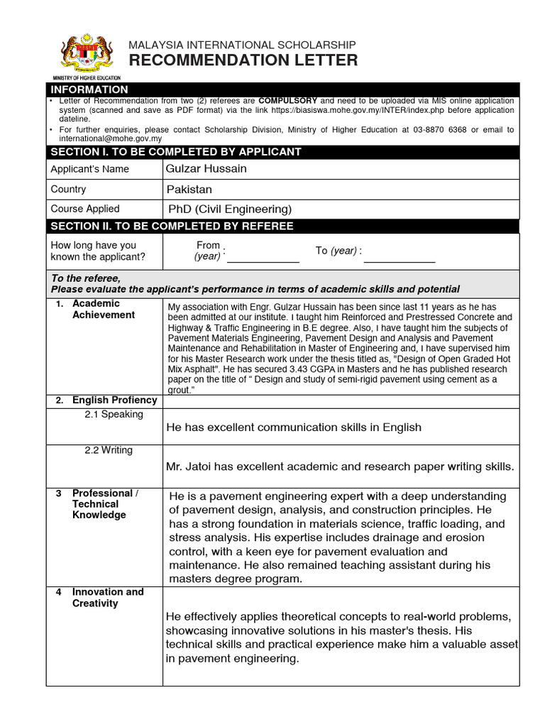 Recommendation Letter MIS | PDF | Road Surface | Engineering