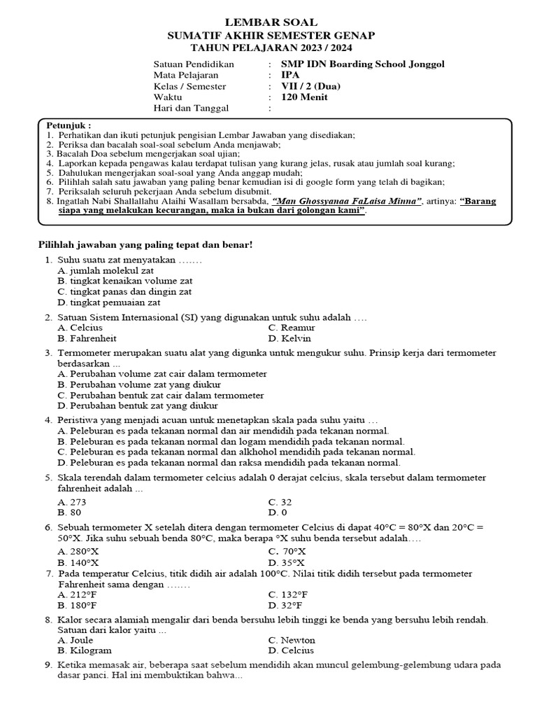 Soal SAS IPA Kelas 7 C Dan D Sem 2 | PDF