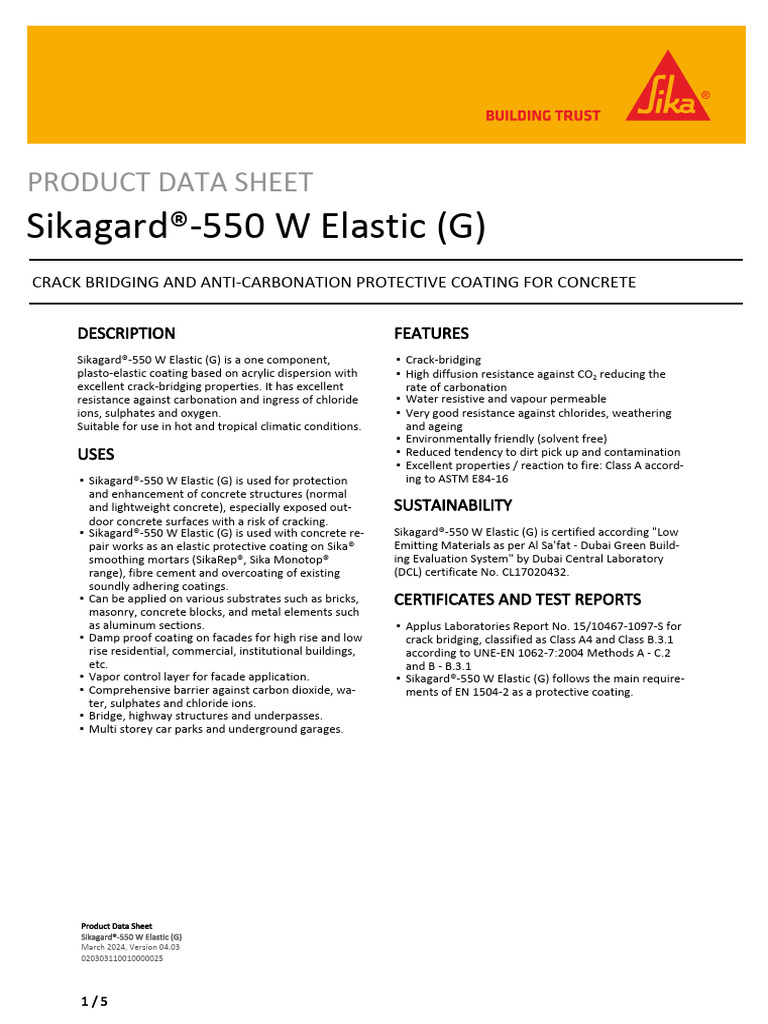 Similar Dekguard-Sikagard®-550 W Elastic (G) | PDF | Concrete | Coating