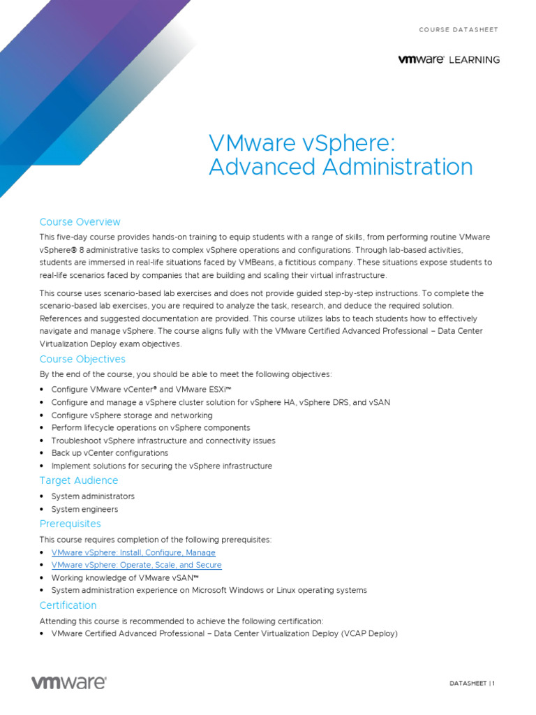 EDU - DATASHEET VMware Vsphere Advanced Administration V8 | PDF | Virtual Machine | Computer Cluster