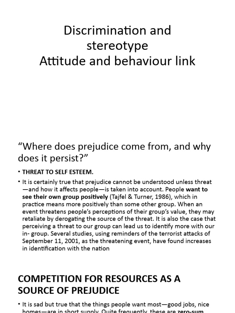 Discrimination and Stereotype - Attitude and Behaviour Link | PDF | Attitude (Psychology ...