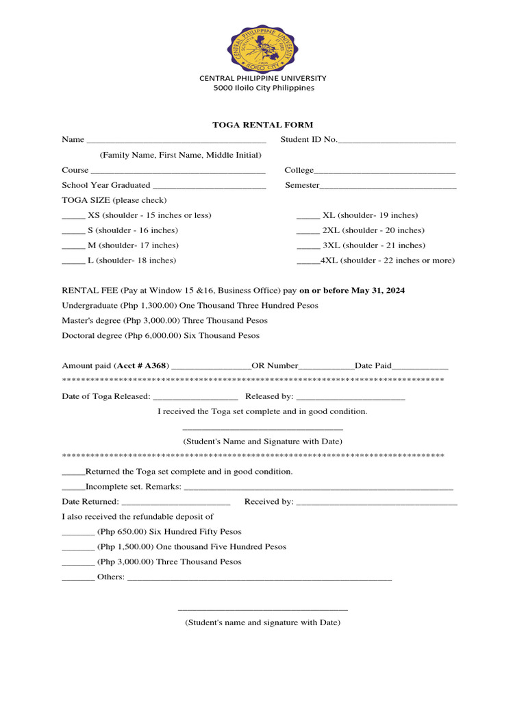 Toga Rental Form for Graduating Students | PDF